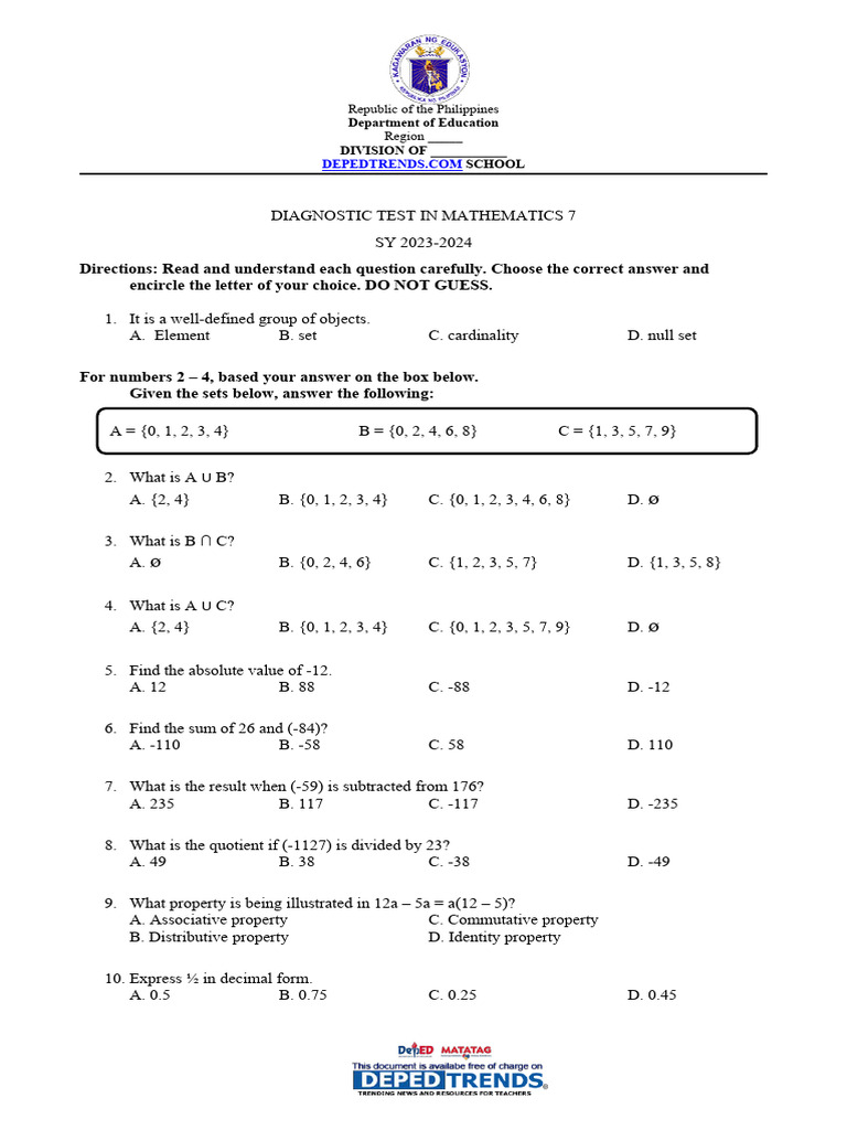Math 7 Pre Test Sy 2023-2024 | PDF | Variance | Numbers