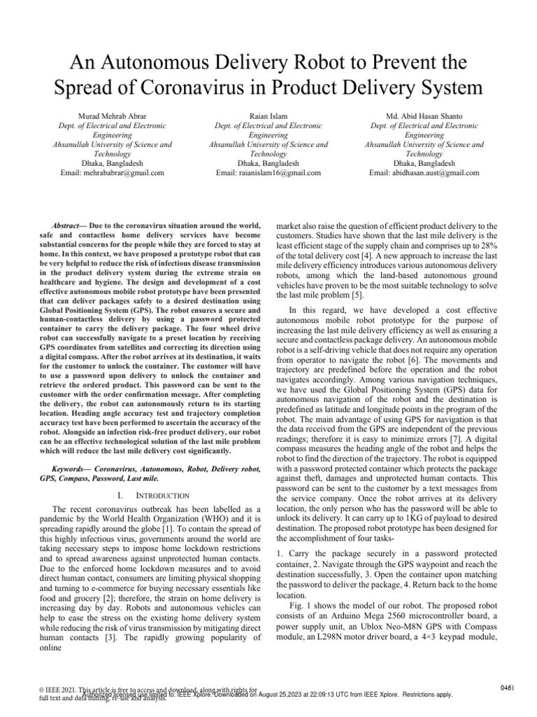 An Autonomous Delivery Robot To Prevent The Spread of Coronavirus in Product Delivery System ...
