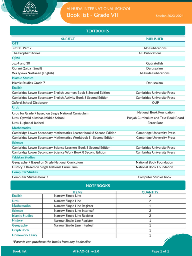 Book List Grade 7 2023 2024 4 | PDF