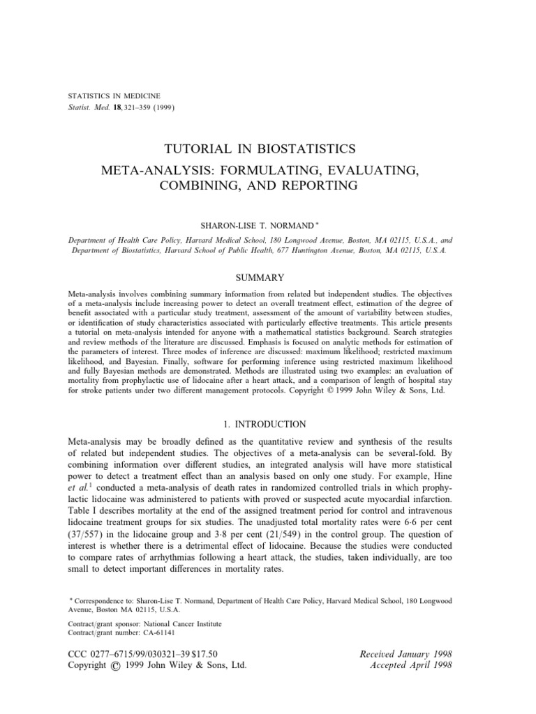 Normand (1999) - Meta-Analysis. Formulating, Evaluating, Combining, and Reporting | Download ...