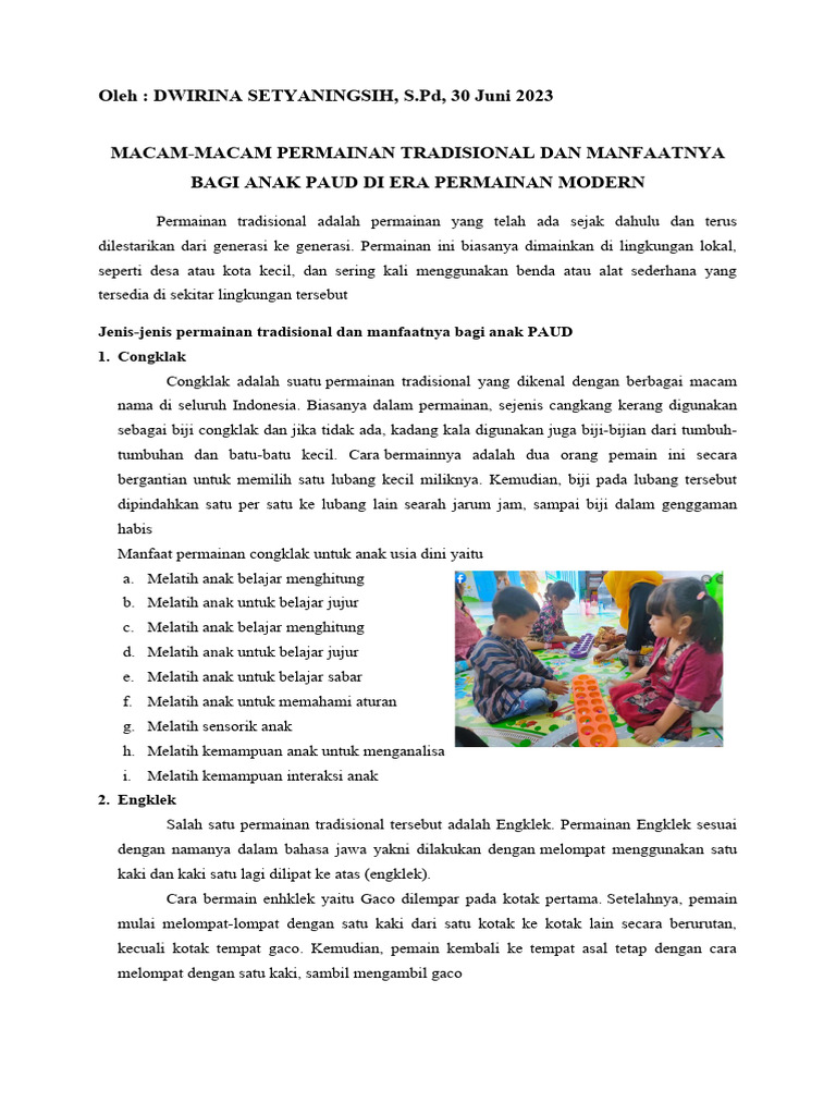 Permainan Tradisional untuk Anak PAUD | PDF