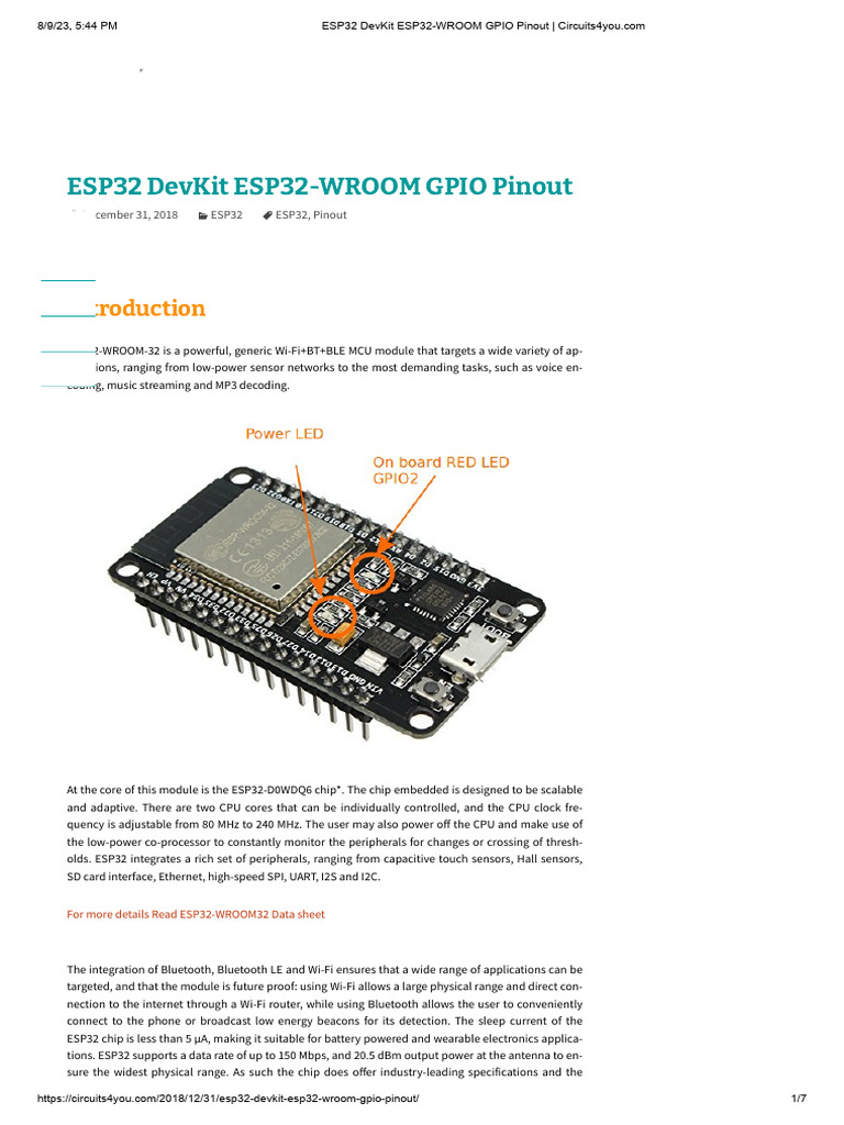 ESP32 DevKit ESP32-WROOM GPIO Pinout | PDF | Analog To Digital Converter | Digital To Analog ...