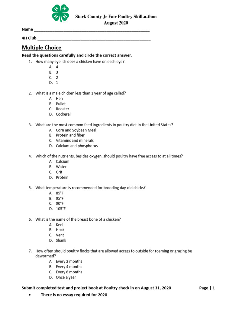 2020 Stark County Poultry Skill A Thon Test Download Free Pdf