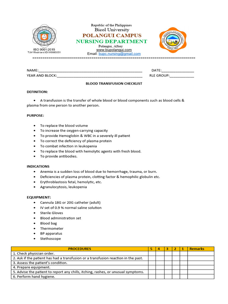 Blood Transfusion Checklist | PDF | Blood Transfusion | Blood
