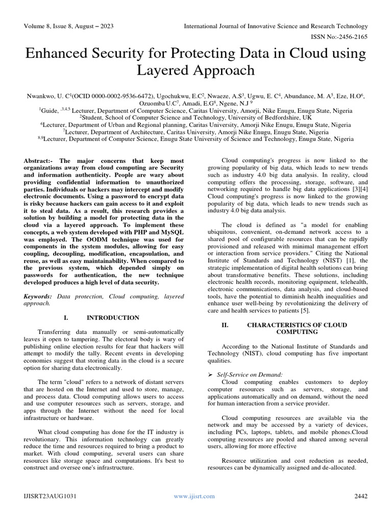 Enhanced Security For Protecting Data In Cloud Using Layered Approach Pdf Cloud Computing 
