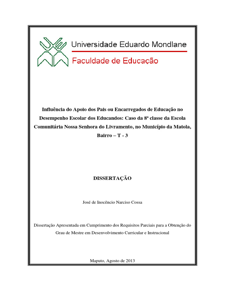 2013 - Cossa, José de Inocêncio Narciso | PDF | Aprendizado | Família