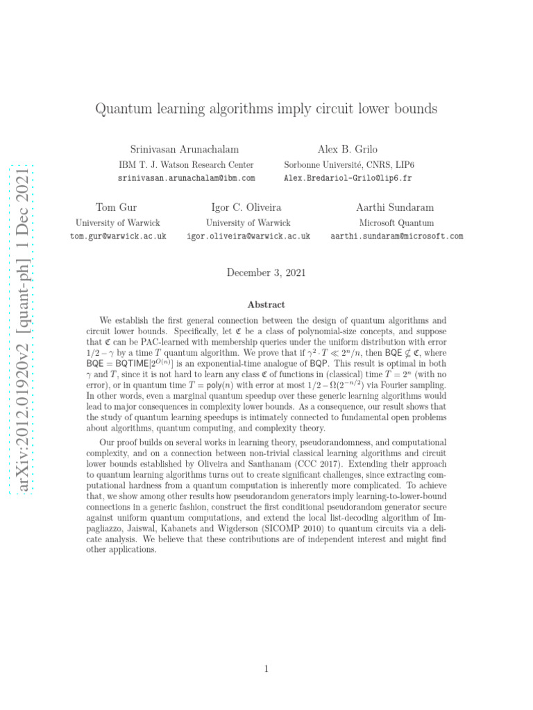 Quantum Learning Algorithms Imply Circuit Lower Bounds: Srinivasan ...