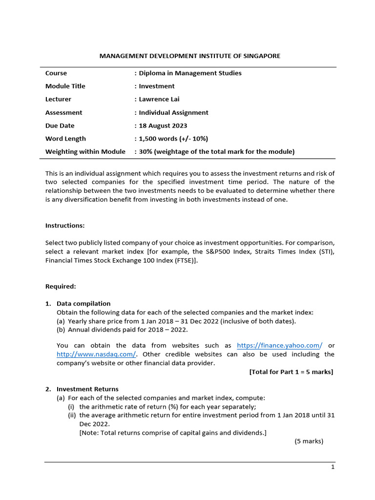 Inv Assignment 2023 | PDF | Stock Market Index | Beta (Finance)
