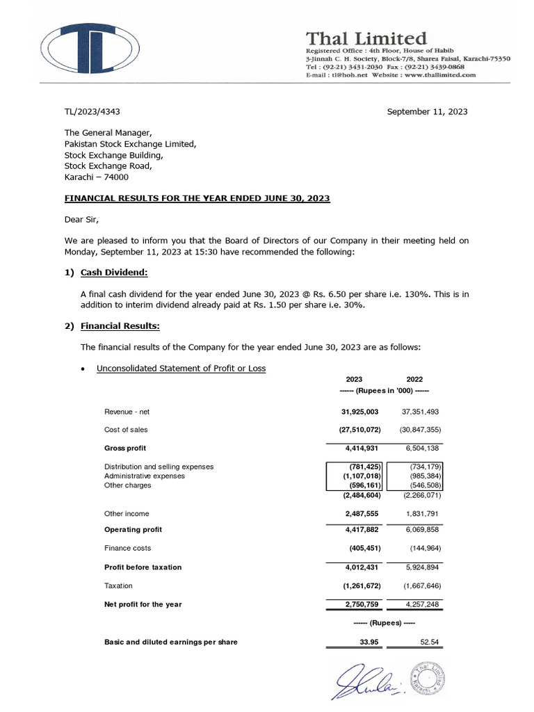 Thal Limited Result 12-09-2023 | PDF | Dividend | Net Income