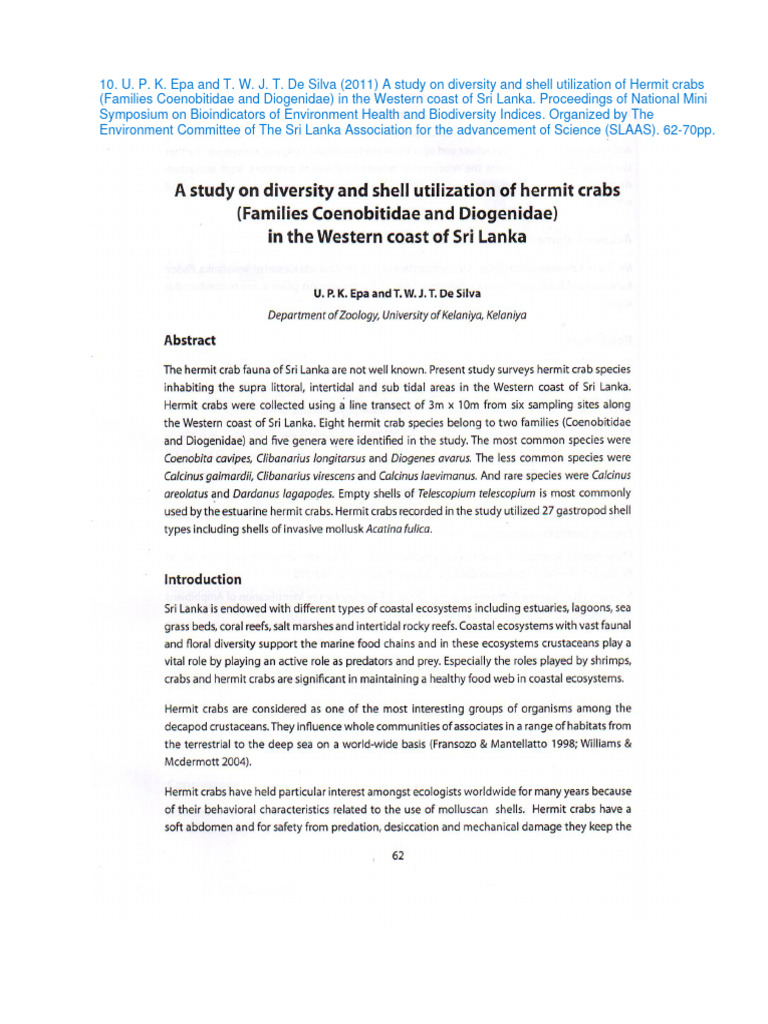 Diversity and Shell Utilization of Hermit Crabs | PDF