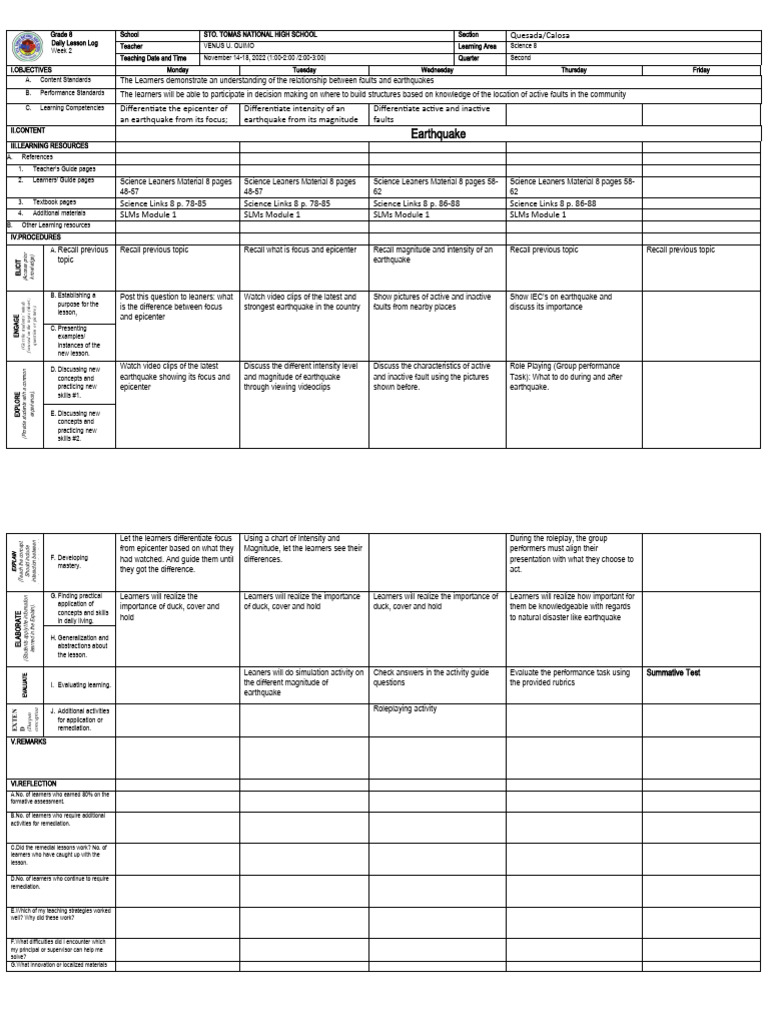 Science 8 Week 2 Lesson Plan | PDF | Learning | Earthquakes