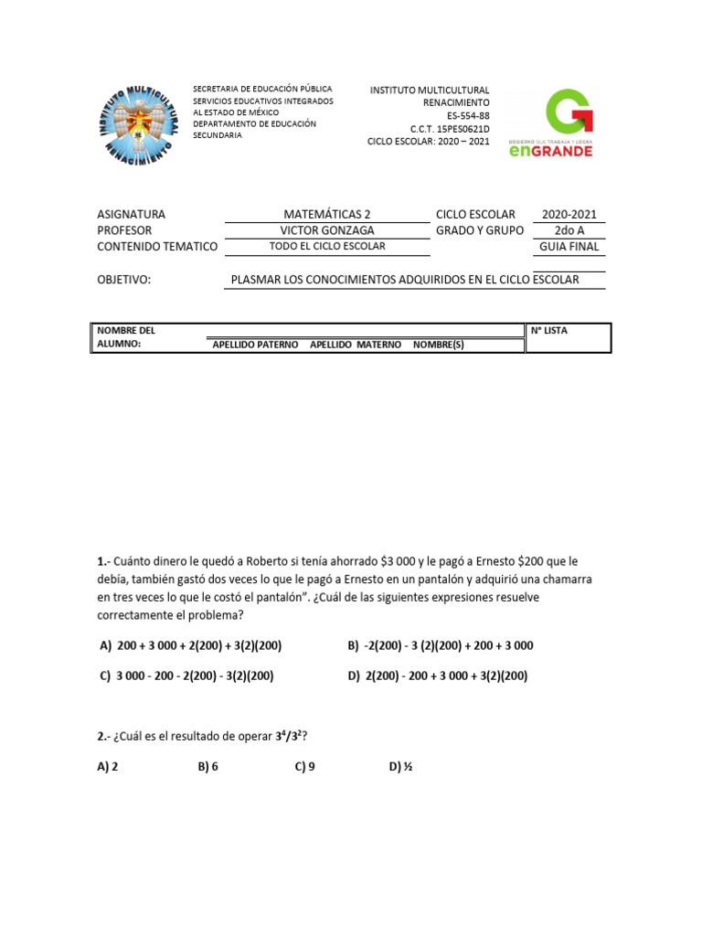 IMRE Guia Examen Final de 2do Sec | PDF