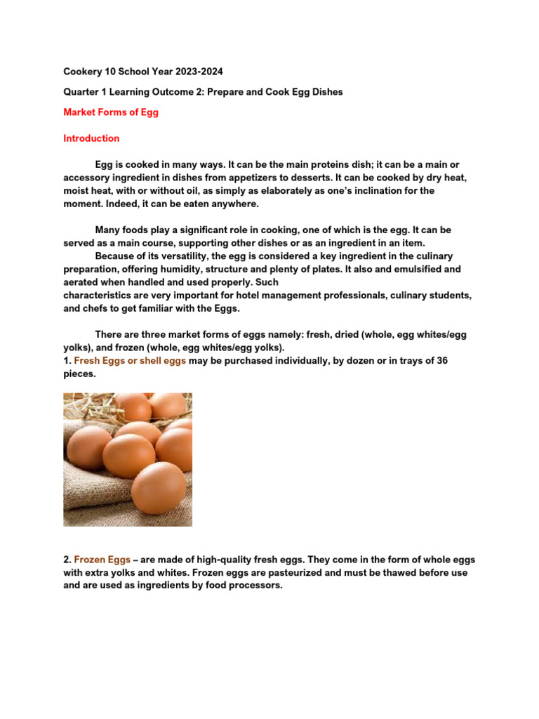 Quarter 1 Learning Outcome 2 Prepare and Cook Egg Dishes | PDF | Egg As ...