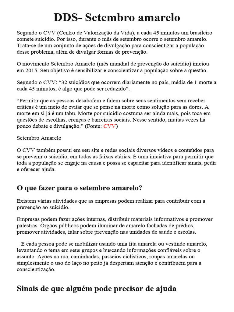 DDS - Setembro Amarelo | Descargar gratis PDF | Morte | Suicídio