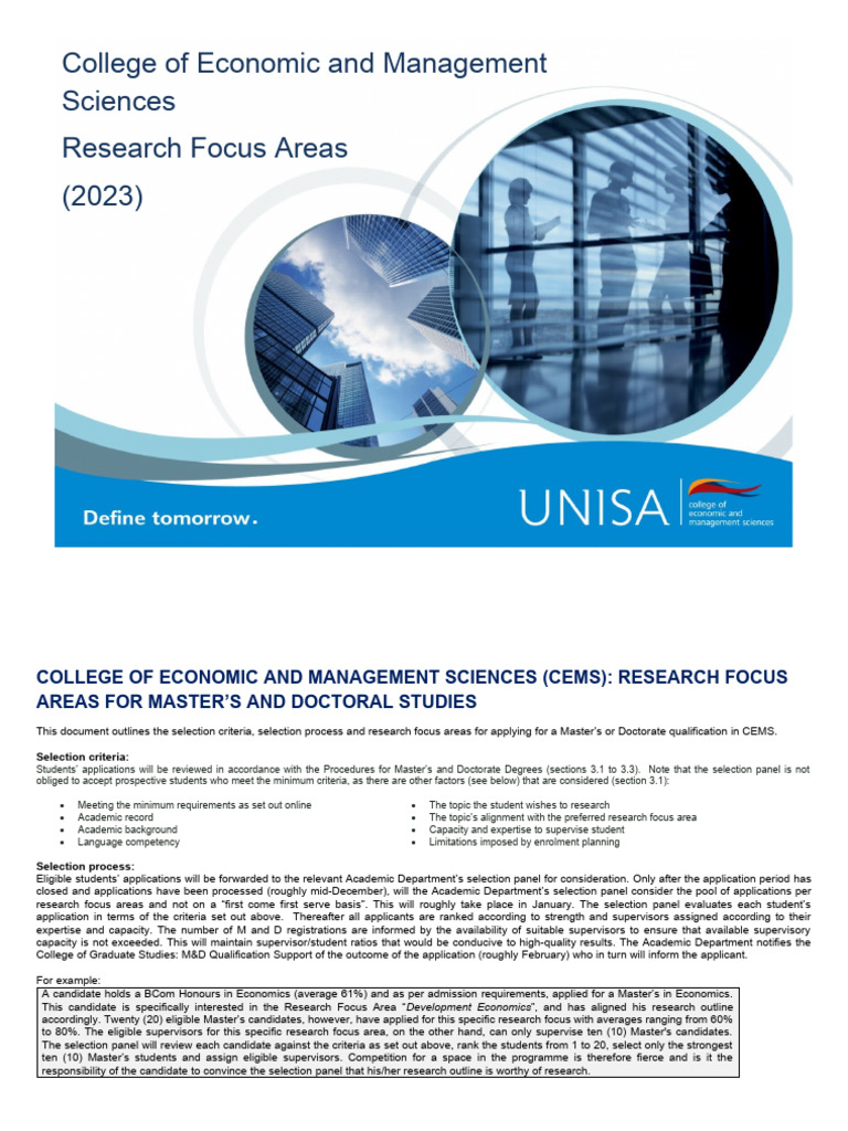 Unisa College Economic Management Sciences Research Focus Areas 2023 ...