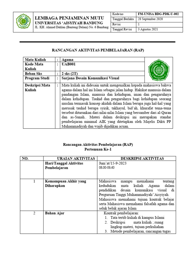 Rap Aik 1 Agama DKV (2023-2024) | PDF