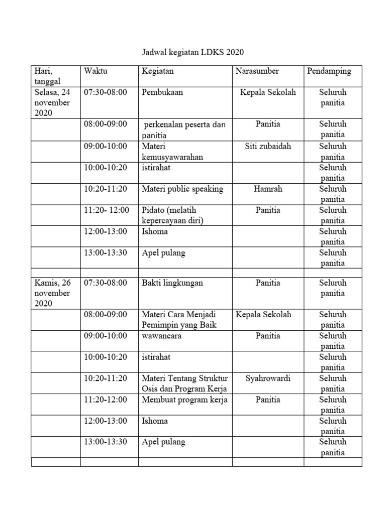 Jadwal Kegiatan LDKS 2020 PPPP | PDF