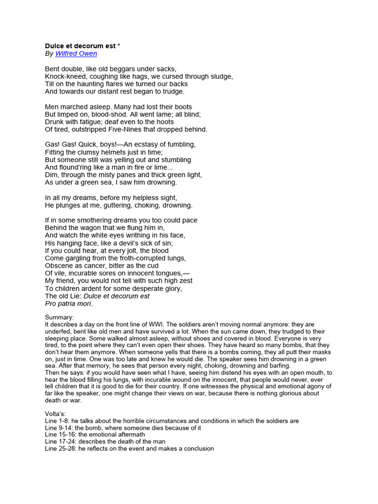 Poetry Analysis Dulce Et Decorum Est | PDF | Poetry | Sonnets