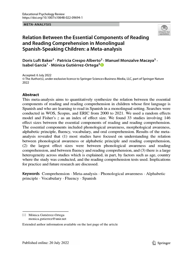 Relation Between The Essential Components of Reading and Reading Comprehension in Monolingual ...