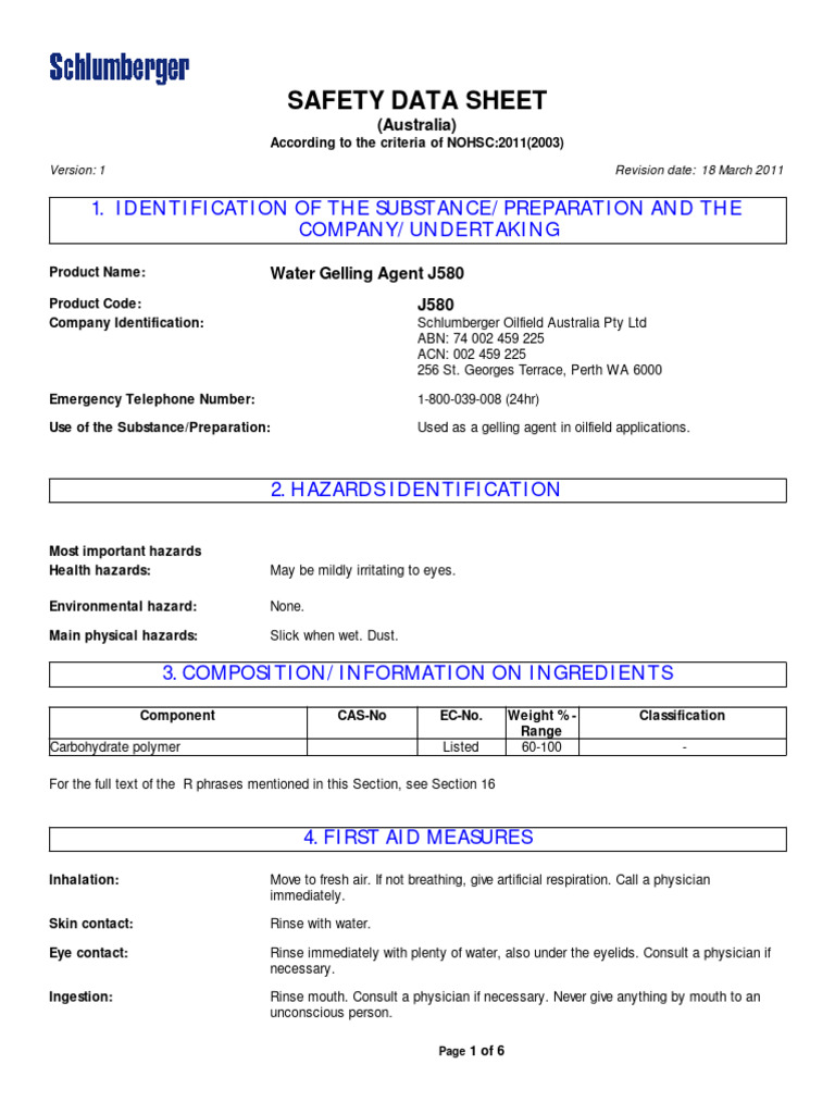 Schlumberger MSDS J580 | PDF | Safety | Occupational Safety And Health
