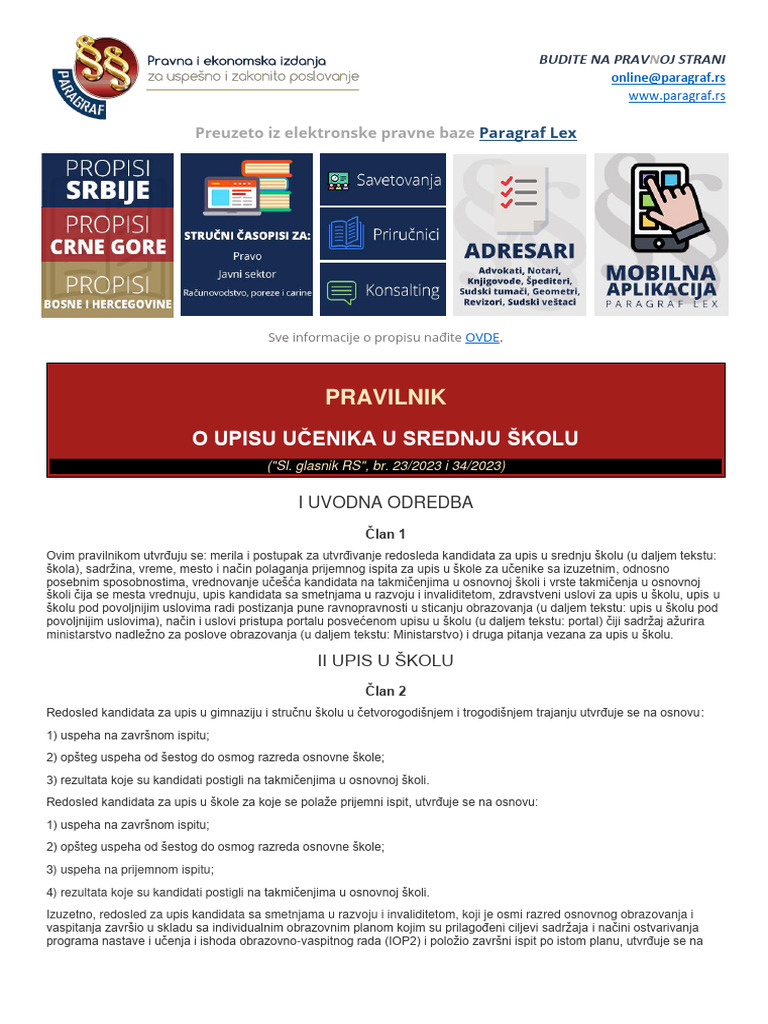 Pravilnik o Upisu Ucenika U Srednju Skolu | PDF
