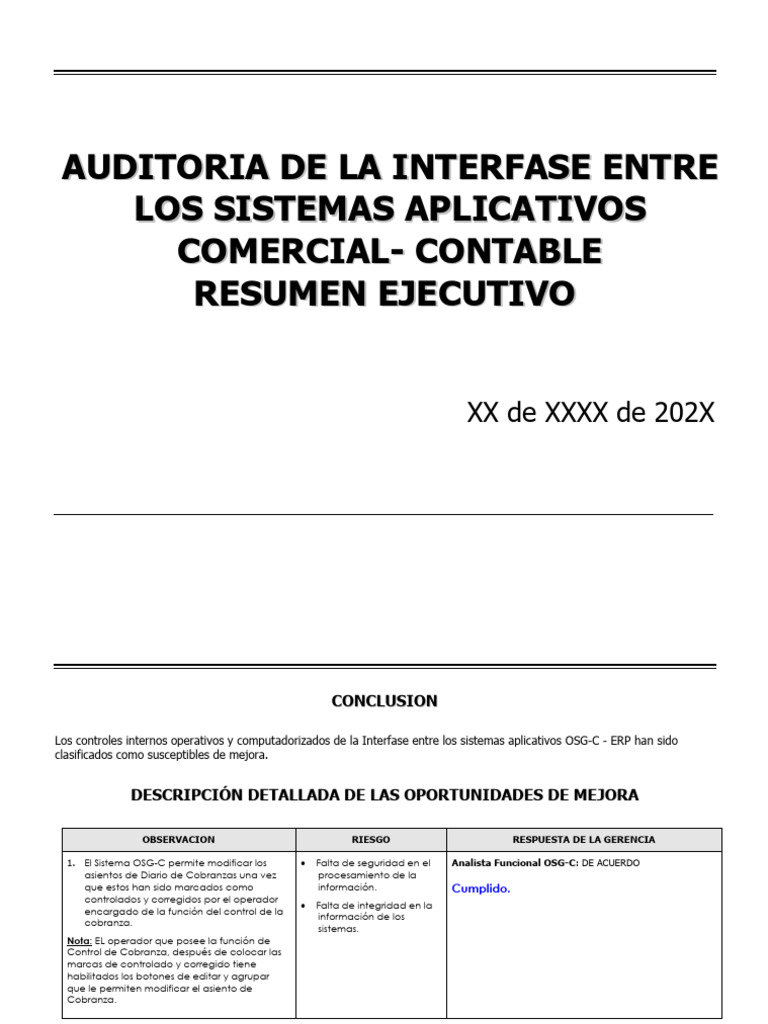 Resumen Ejecutivo Auditoria de Interfase OSG-C - ERP | PDF | Planificación de recursos ...
