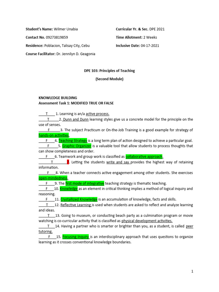 DPE 103 Principles of Teaching 2 DONE | PDF | Knowledge | Critical Thinking