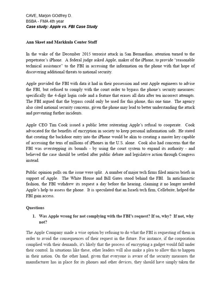 Case Study - Apple Vs FBI - CAVE | Download Free PDF | Privacy | Apple Inc.