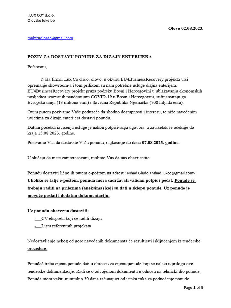 EU4BR - Zahtjev Za Dostavljanje Ponude - Arhitekta (Studio Zec) | PDF