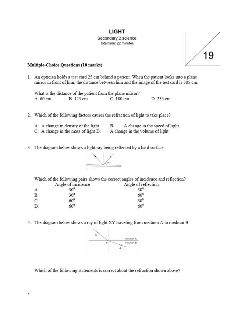 LIGHT Quiz - Secondary 2 | PDF | Reflection (Physics) | Mirror