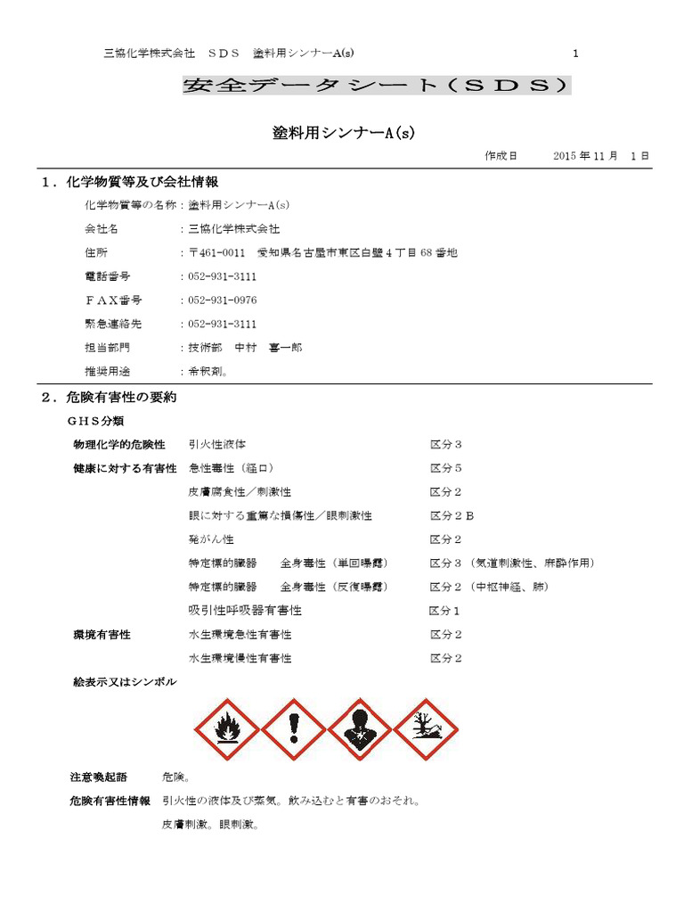 塗料用ｼﾝﾅｰSDS | PDF
