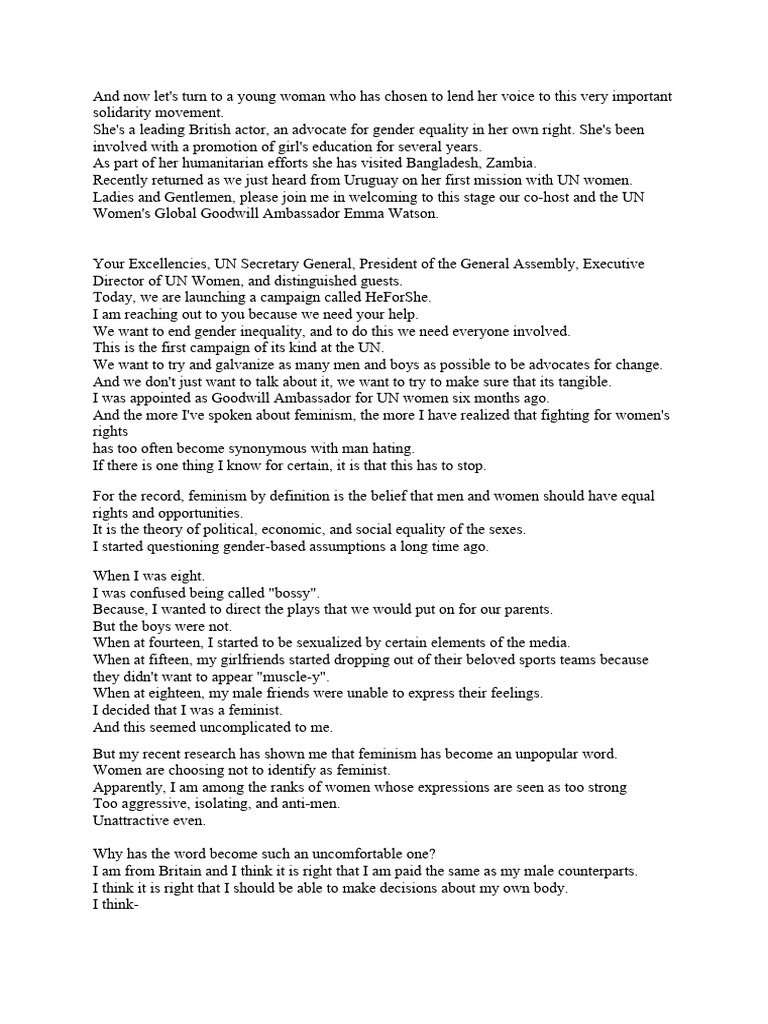Emma Watson Speech Gender Inequality | Download Free PDF | Gender ...