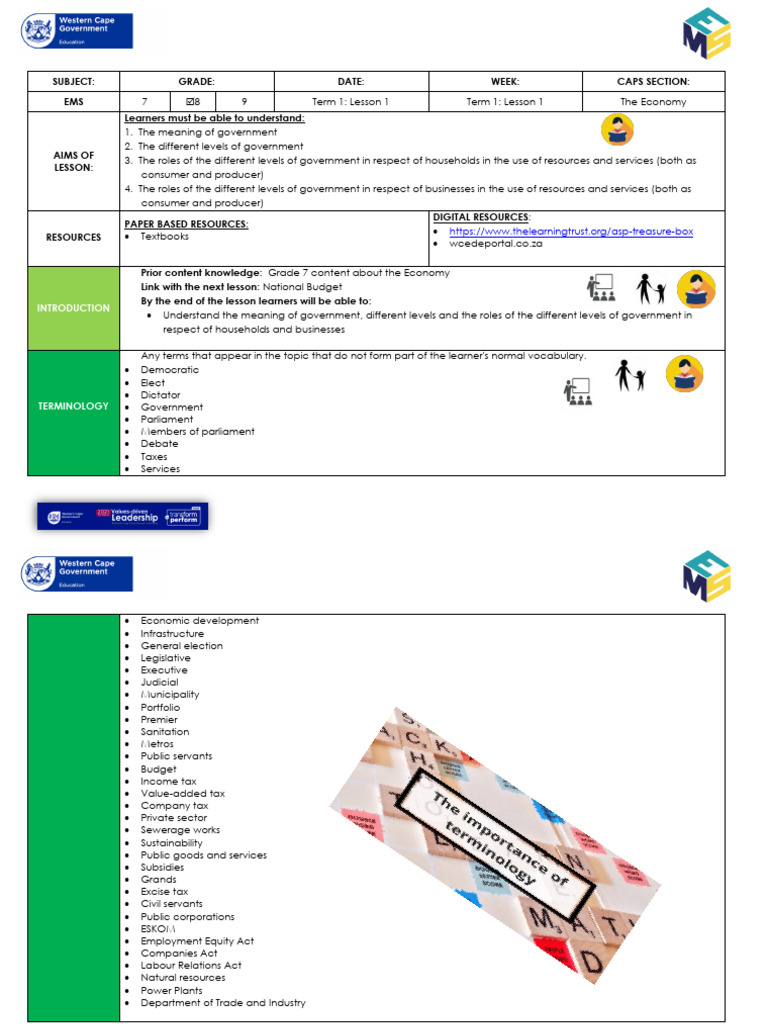 Lesson Plan Grade 8 EMS Term 1 Lesson 1 | PDF | Labour Economics | Taxes Lesson Plan Grade 8 EMS Term 1 Lesson 1 | PDF | Labour Economics | Taxes
