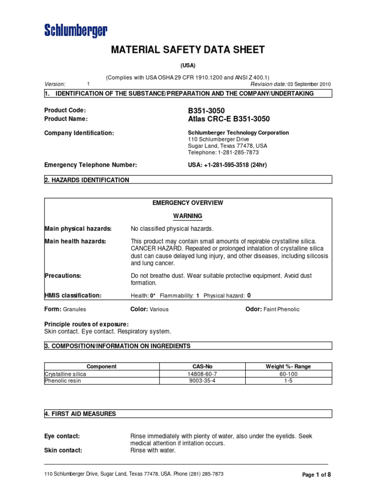 Material Safety Data Sheet: B351-3050 Atlas CRC-E B351-3050 | PDF ...