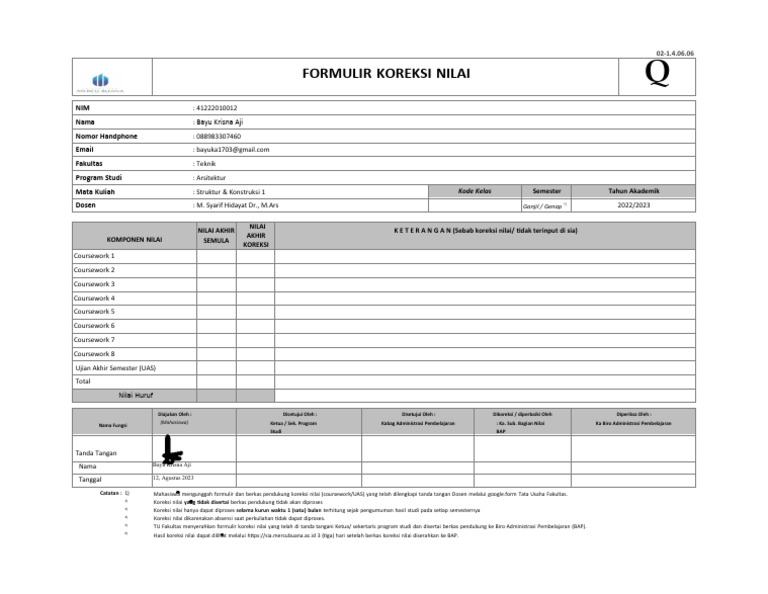 Formulir Koreksi Nilai | PDF
