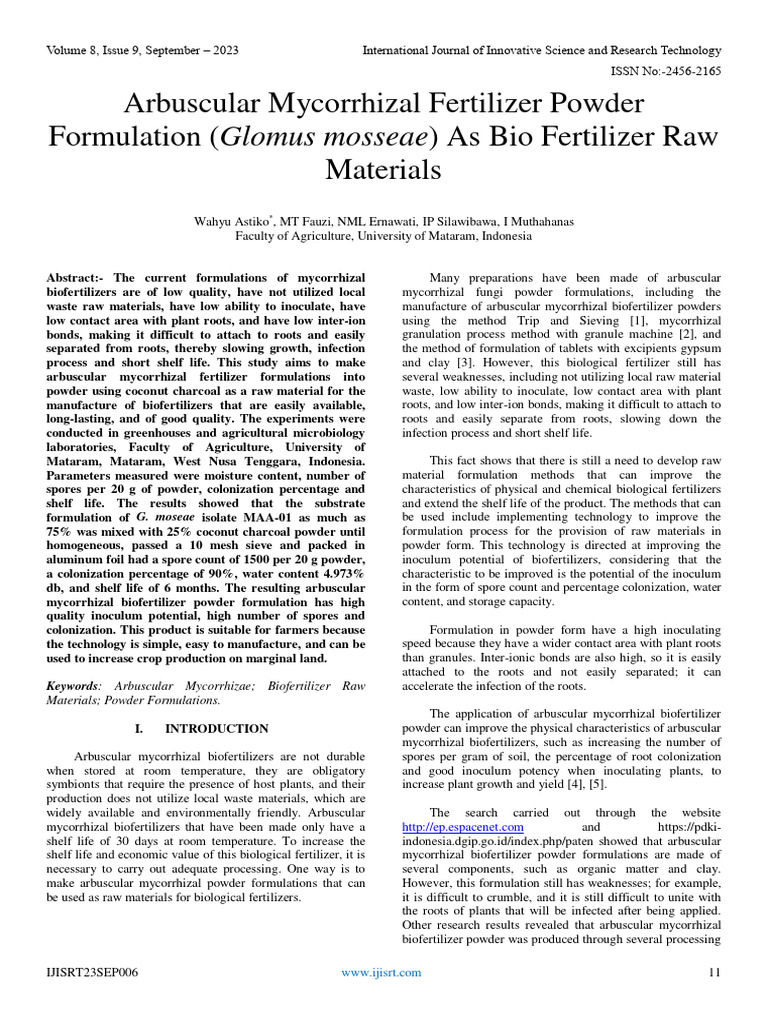Arbuscular Mycorrhizal Fertilizer Powder Formulation (Glomus Mosseae ...