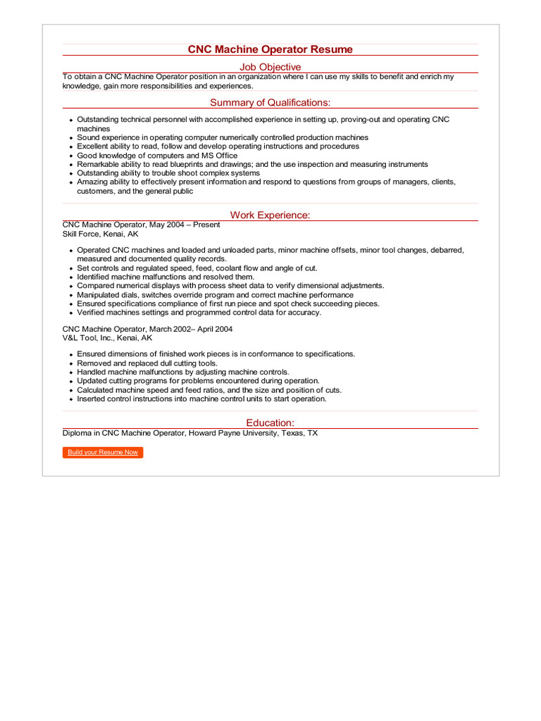 CNC Machine Operator Resume Example | PDF | Computers | Technology ...
