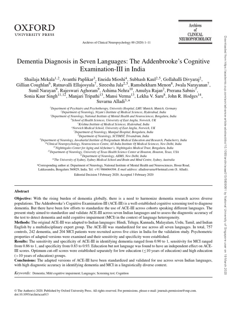 Dementia Diagnosis in Seven Languages - The Addenbrooke's Cognitive ...