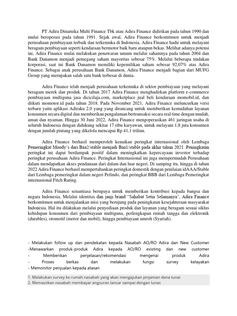 Adira Finance: Karir dan Peluang di Sektor Pembiayaan | PDF
