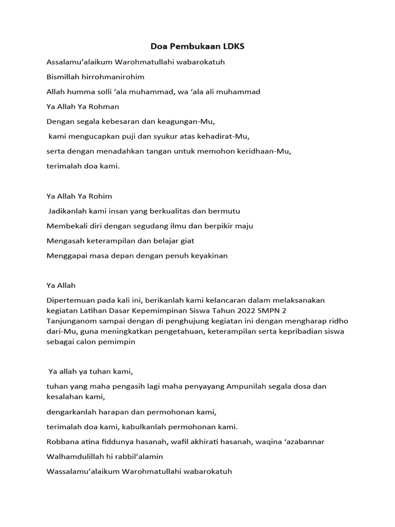 Doa Pembukaan LDKS | PDF