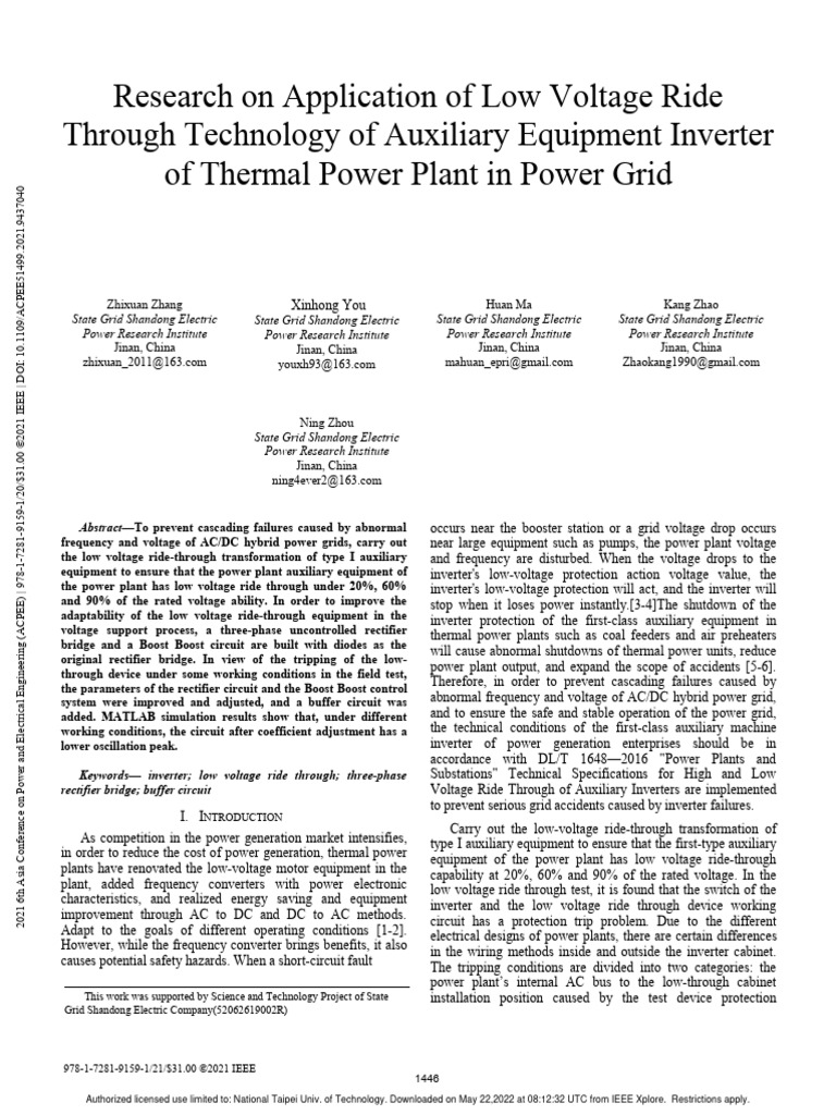 Research On Application of Low Voltage Ride Through Technology of Auxiliary Equipment Inverter ...