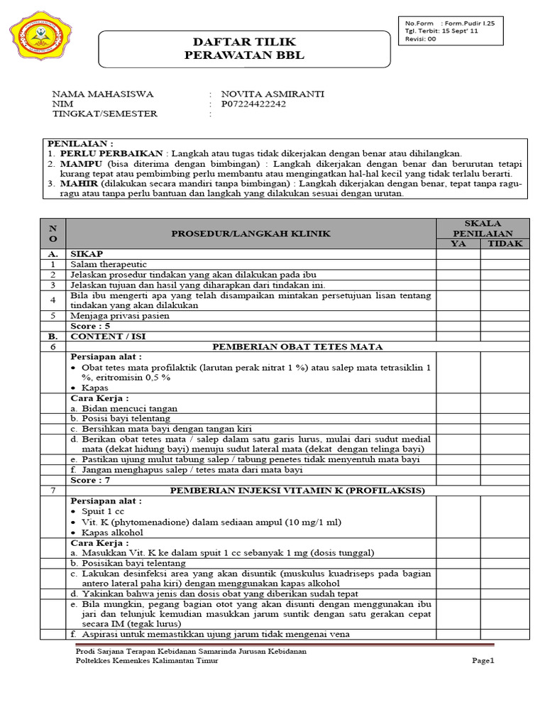 Daftar Tilik Perawatan BBL | PDF