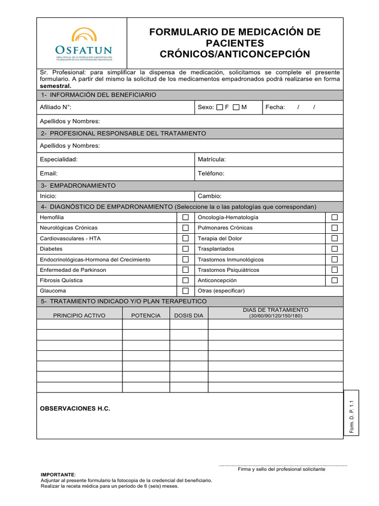 Formulario de Medicacio N de Pacientes Cro Nicos | PDF | Medicina ...