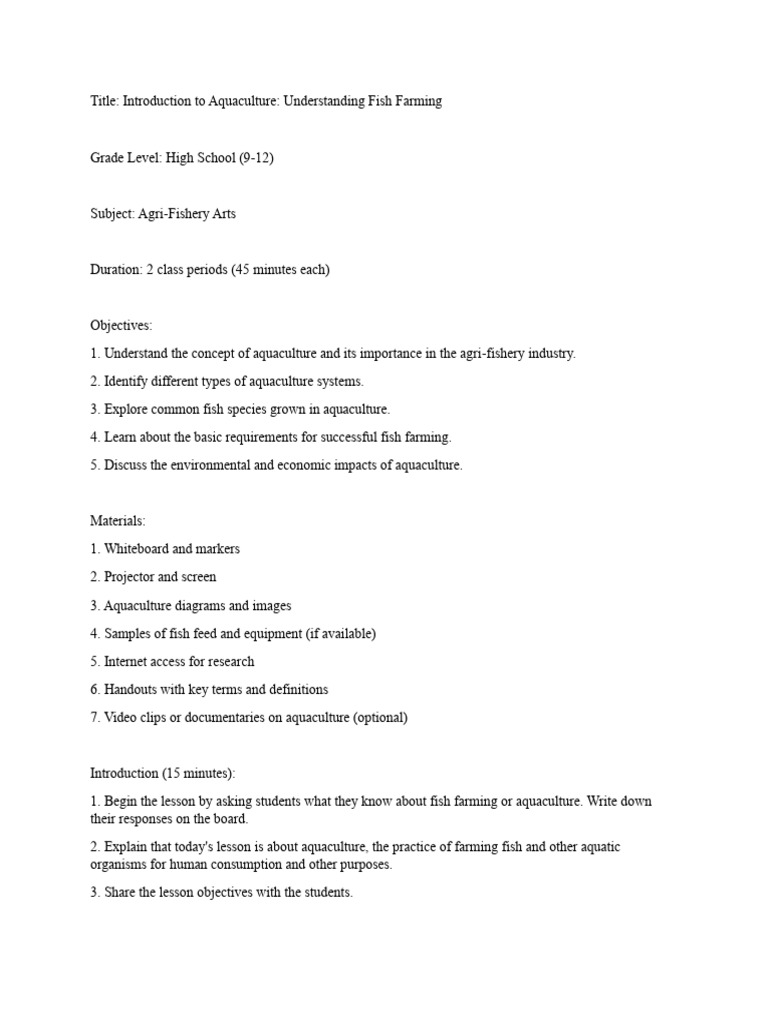 Aquaculture Lesson Plan | PDF | Lesson Plan | Soil