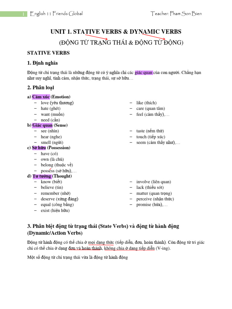 Unit 1.1. Dynamic Verbs & Stative Verbs | PDF