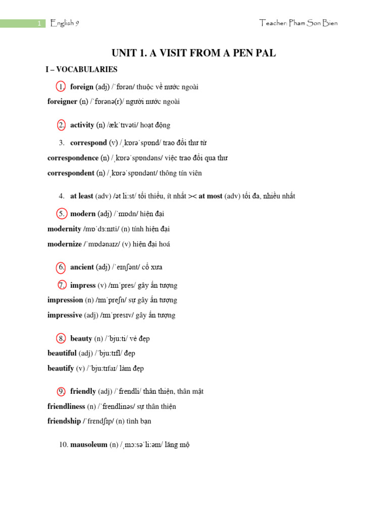 UNIT 1. A Visit From A Pen Pal | PDF