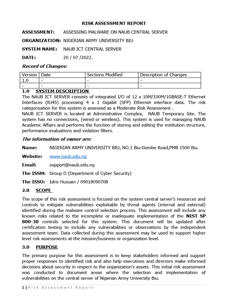 Malware Risk Assessment Report | PDF | Risk | Vulnerability (Computing)