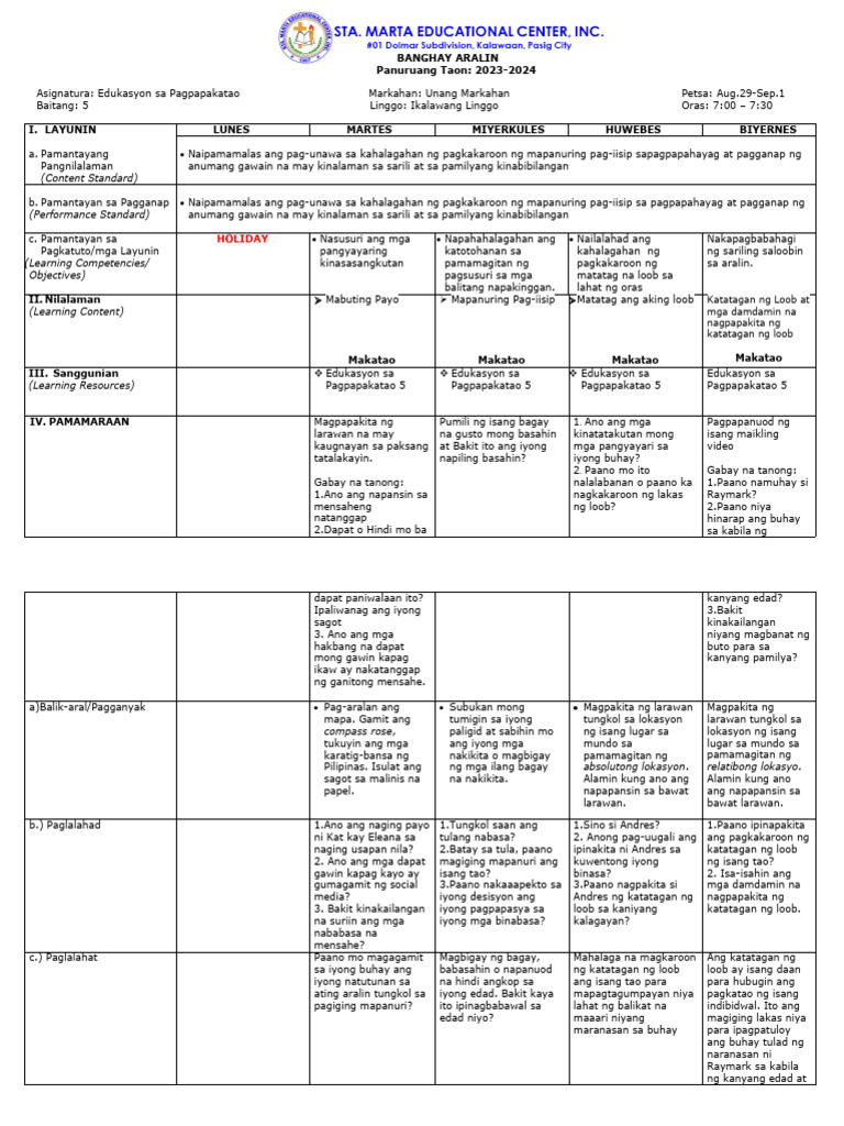 Lesson Plan Esp 5 - Week 2 | PDF