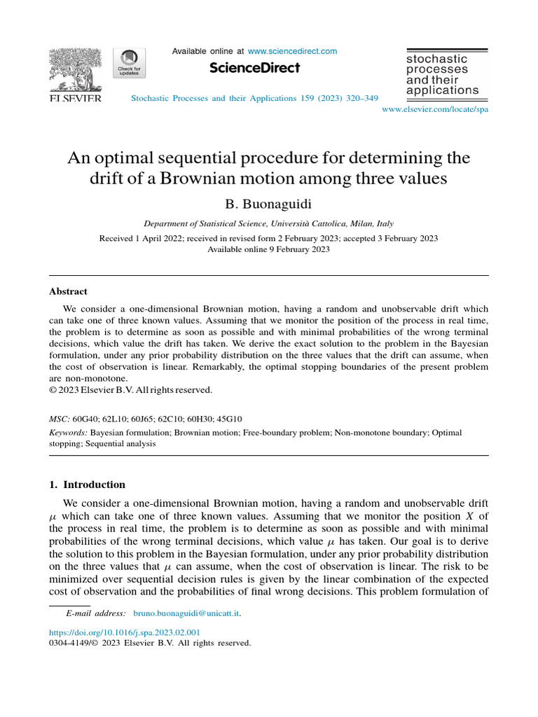 An Optimal Sequential Procedure For Determining T 2023 Stochastic Processes Pdf