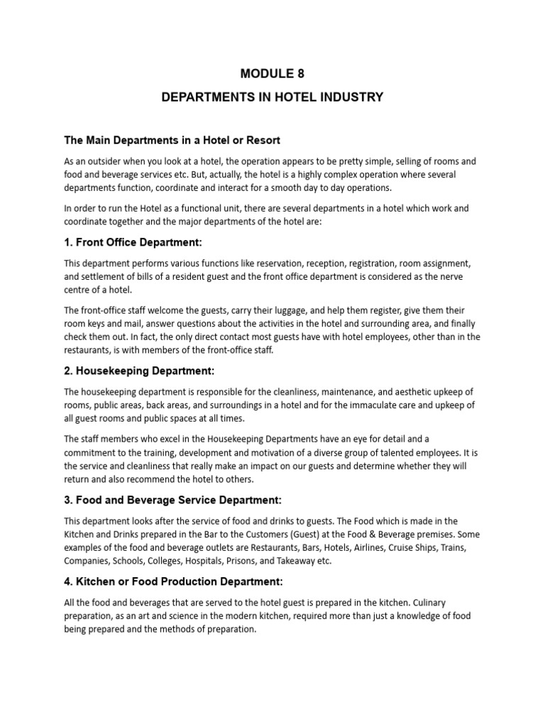 Module 8 DEPARTMENTS IN HOTEL INDUSTRY | PDF | Kitchen | Hotel